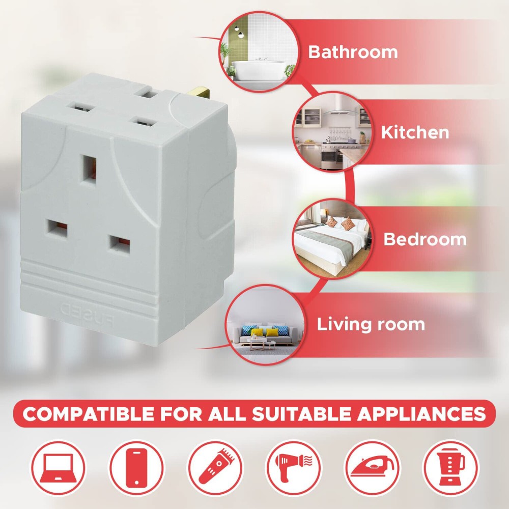 3 Way Gang Multi-Purpose Block Socket Splitter Mains Wall Adaptor UK ...